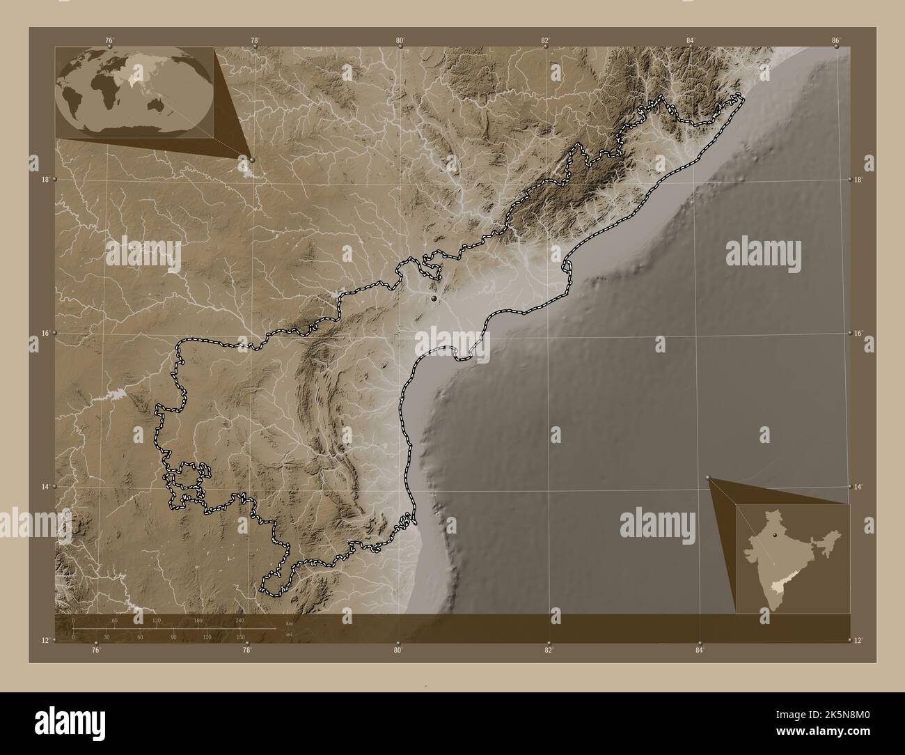 Andhra Pradesh, state of India. Elevation map colored in sepia tones ...