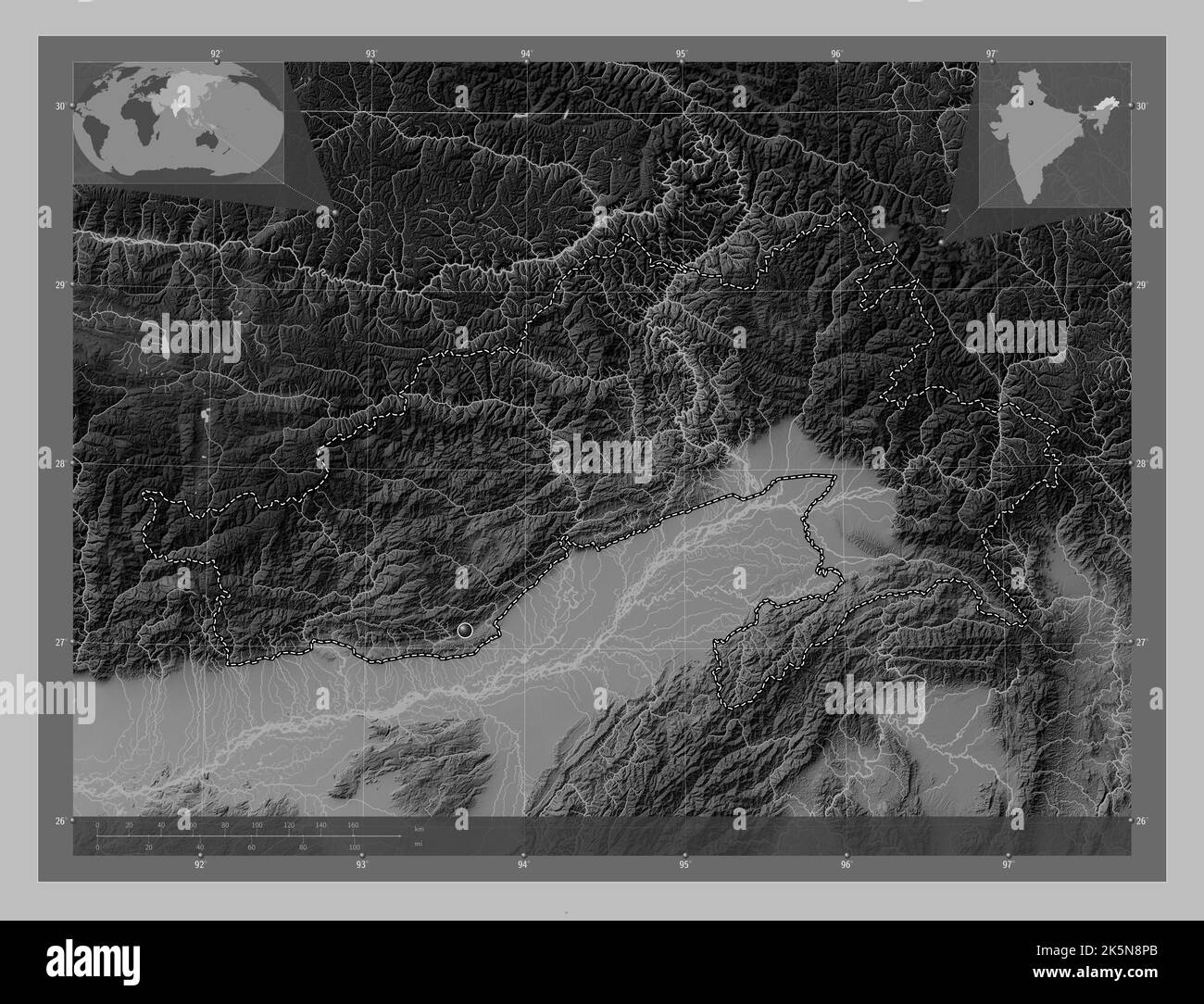 Arunachal Pradesh State Of India Grayscale Elevation Map With Lakes And Rivers Corner