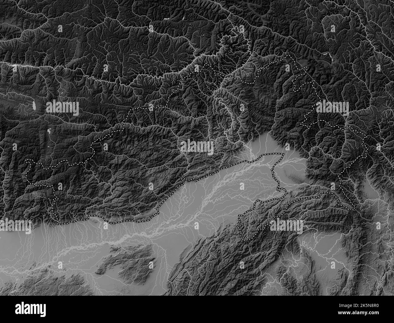 Arunachal Pradesh, state of India. Grayscale elevation map with lakes ...