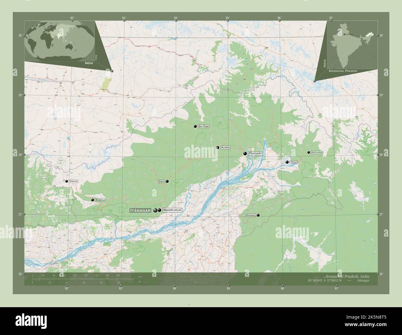 Arunachal Pradesh, state of India. Open Street Map. Locations and names ...