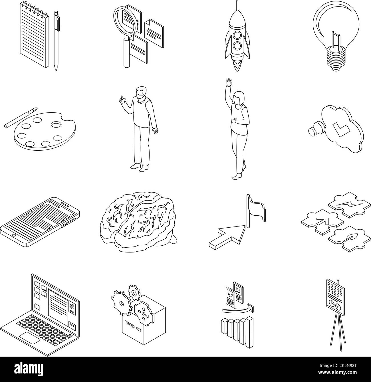 Idea icons set. Isometric set of idea vector icons outline thin lne isolated on white Stock ...
