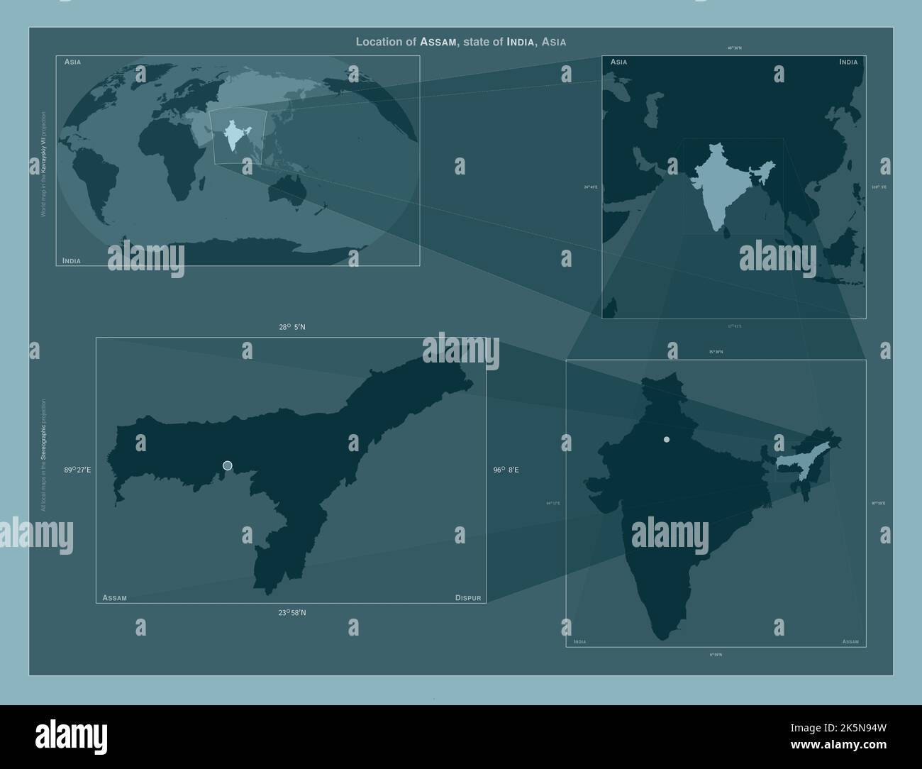 Assam, state of India. Diagram showing the location of the region on ...
