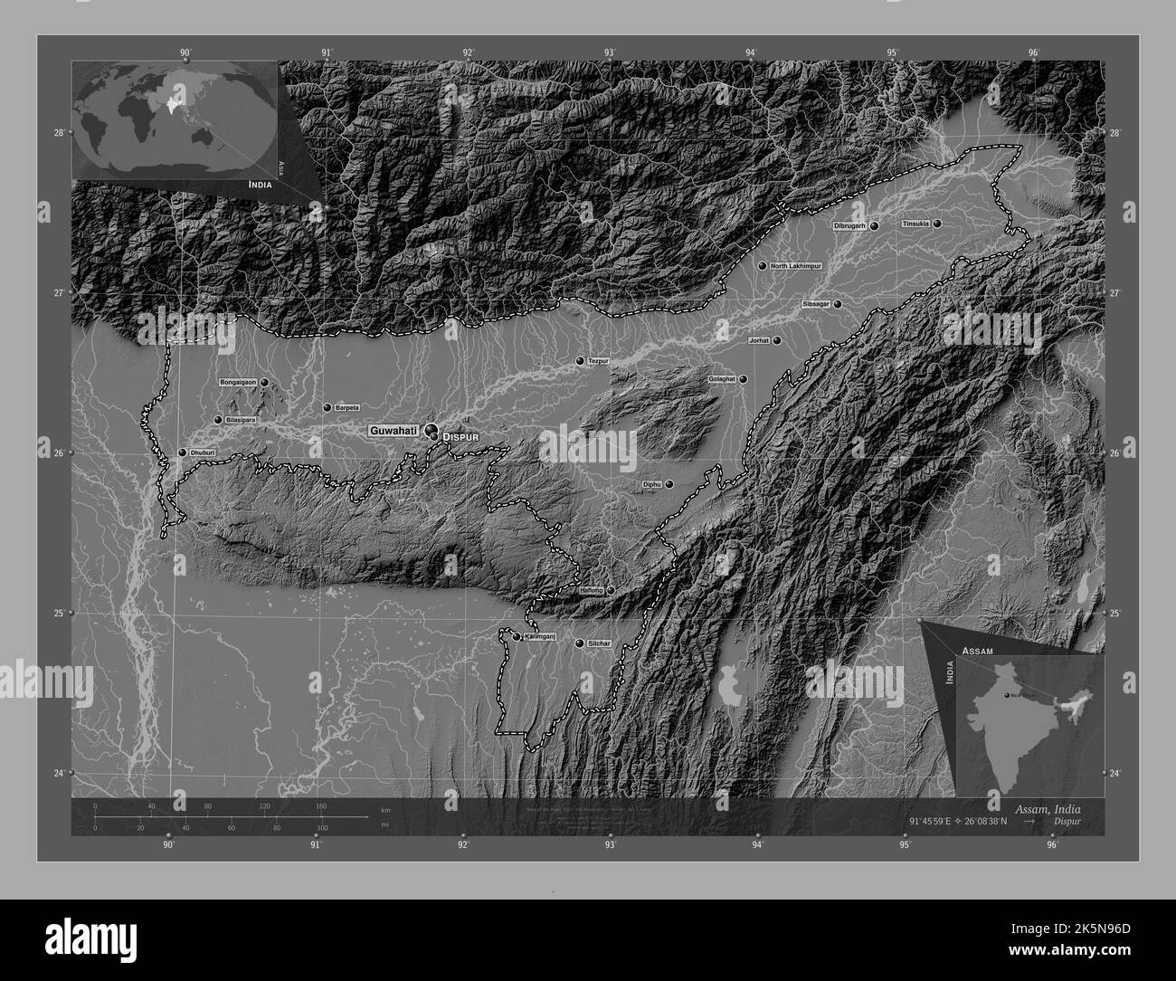 Assam, state of India. Bilevel elevation map with lakes and rivers ...