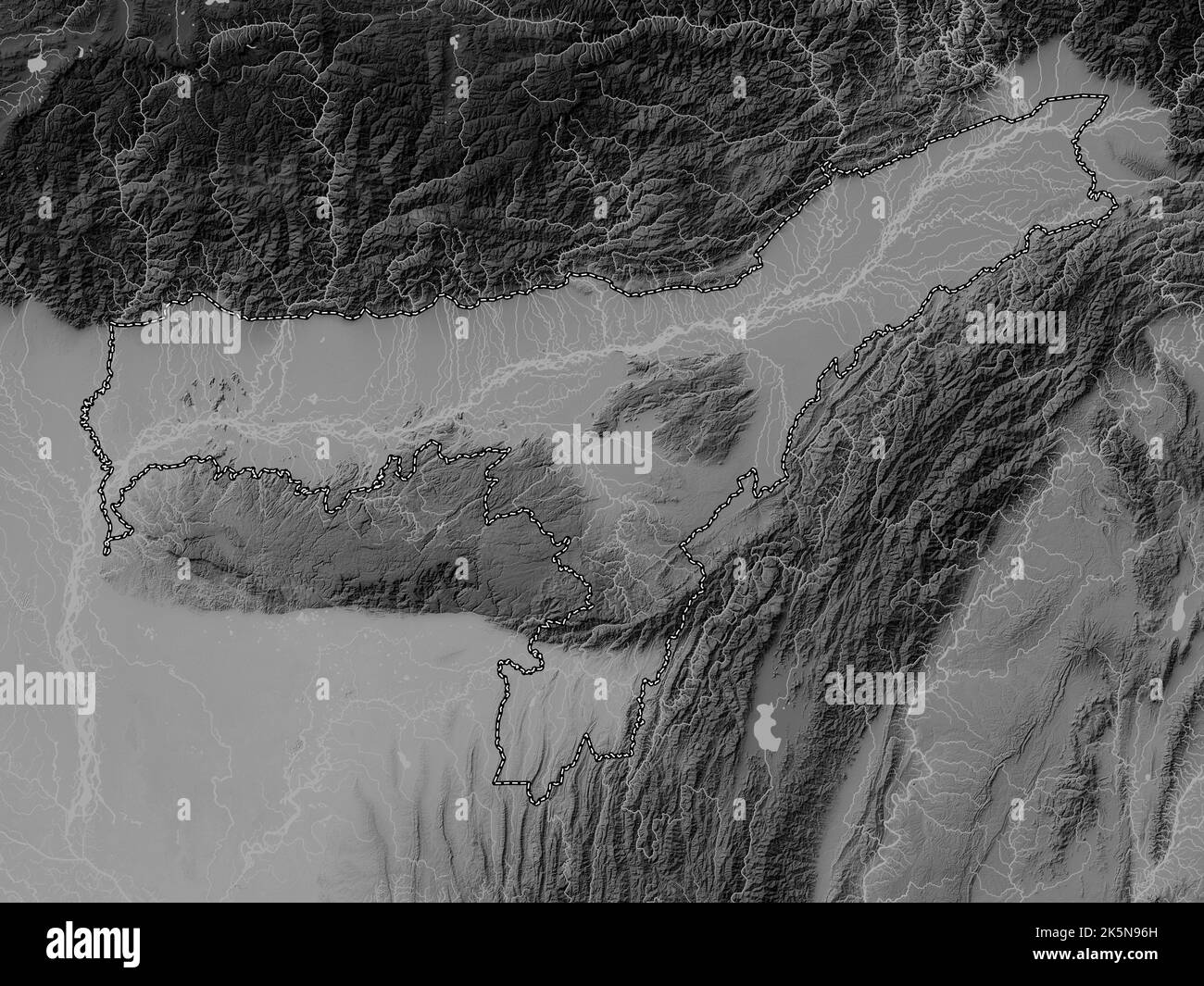 Assam, state of India. Grayscale elevation map with lakes and rivers ...