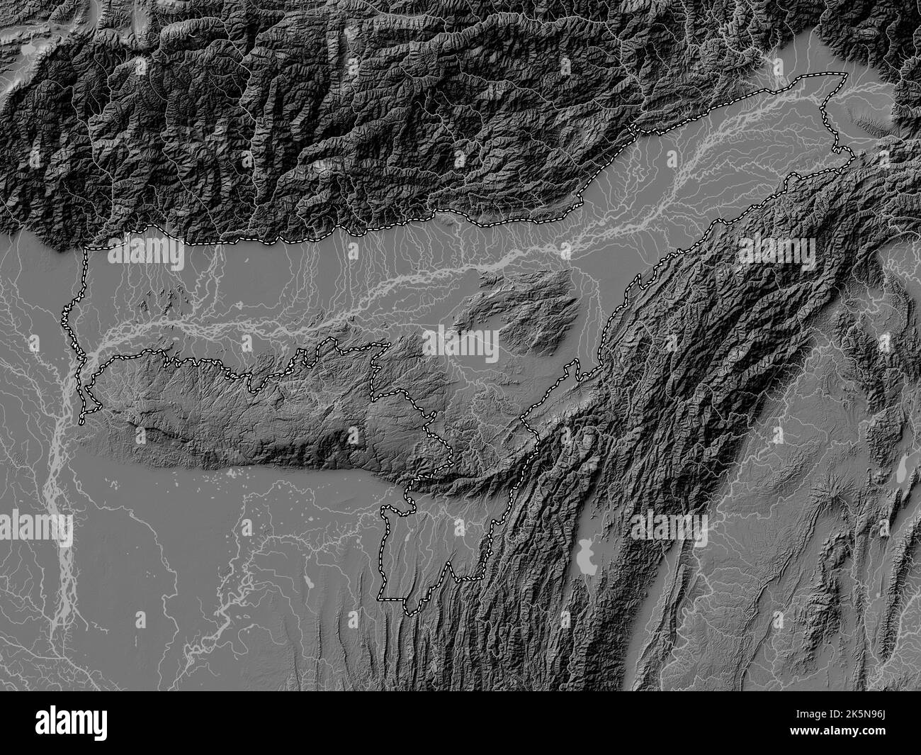 Assam, state of India. Bilevel elevation map with lakes and rivers ...