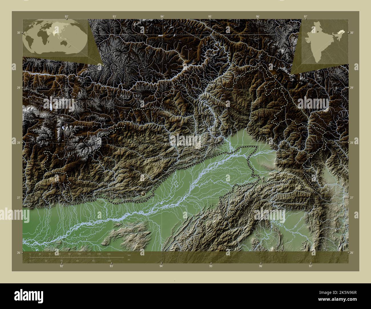 Arunachal Pradesh, state of India. Elevation map colored in wiki style with lakes and rivers ...