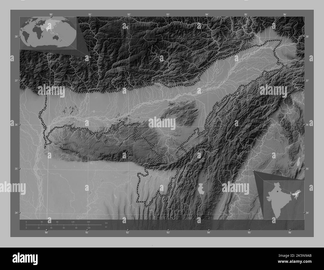 Assam, state of India. Grayscale elevation map with lakes and rivers ...