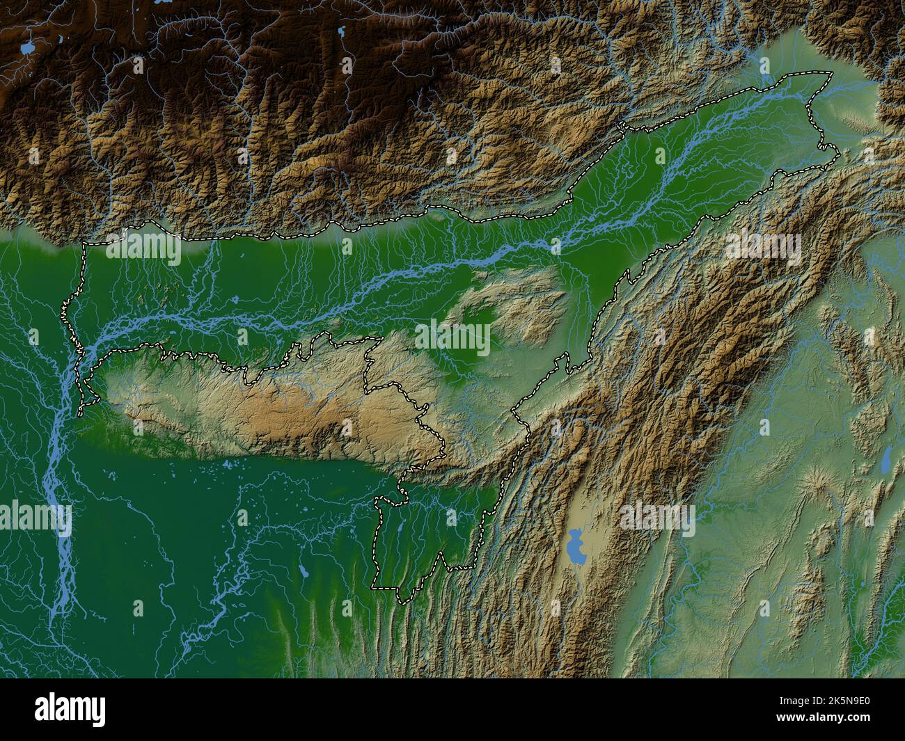 Assam, state of India. Colored elevation map with lakes and rivers ...