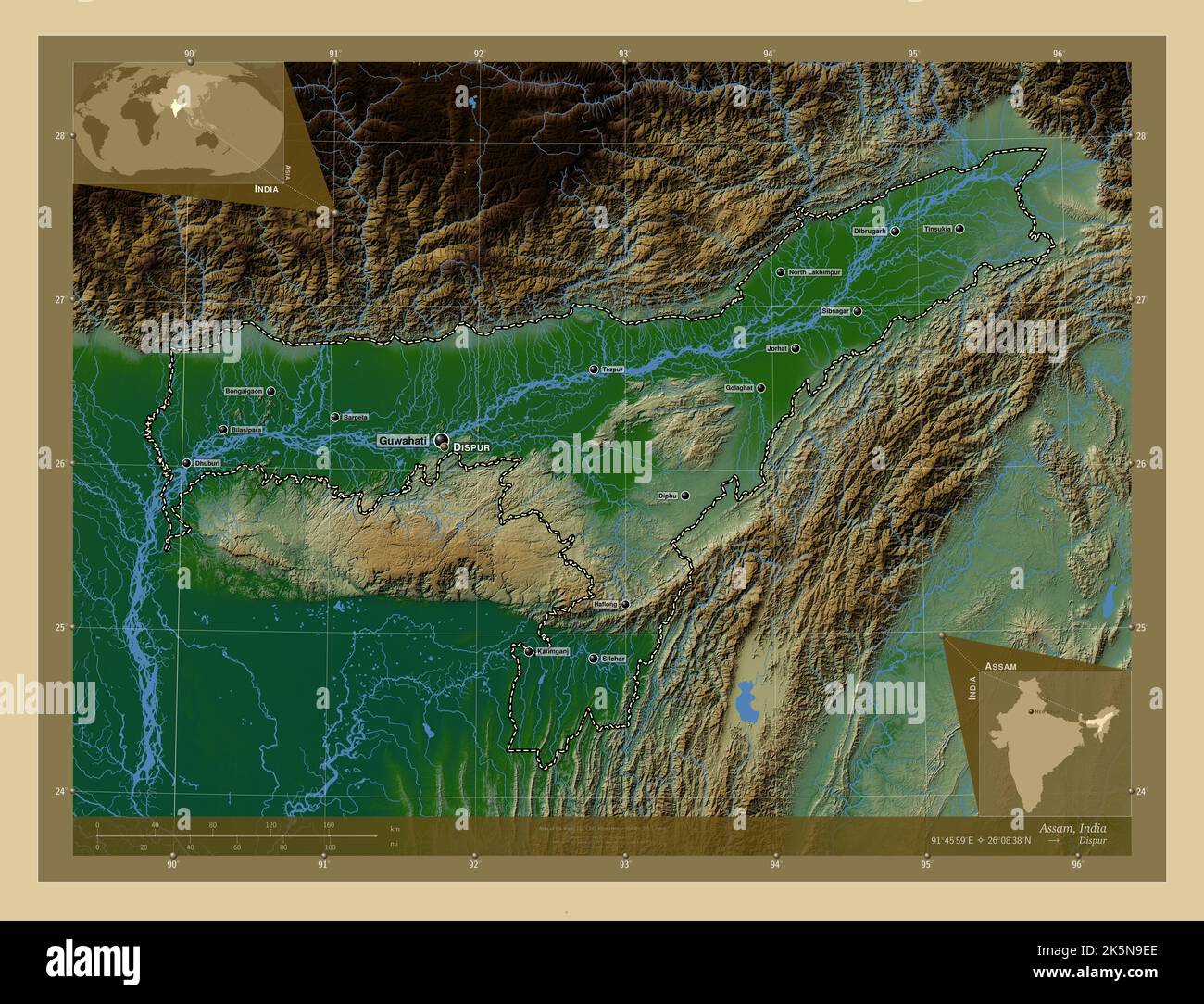Assam, state of India. Colored elevation map with lakes and rivers ...