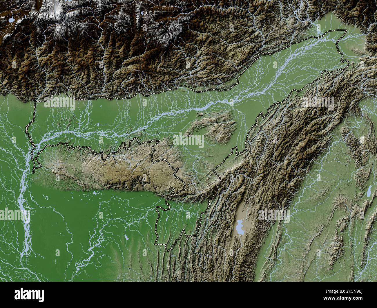 Assam, state of India. Elevation map colored in wiki style with lakes ...