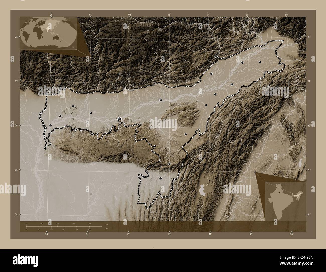 Assam, state of India. Elevation map colored in sepia tones with lakes ...