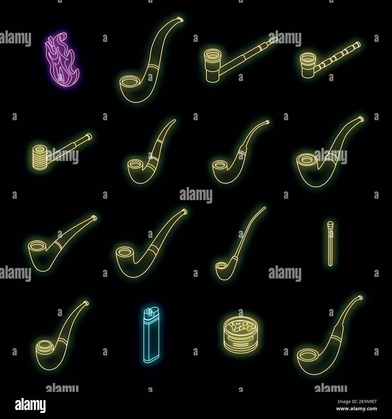 Smoking pipe icons set. Isometric set of smoking pipe vector icons neon ...