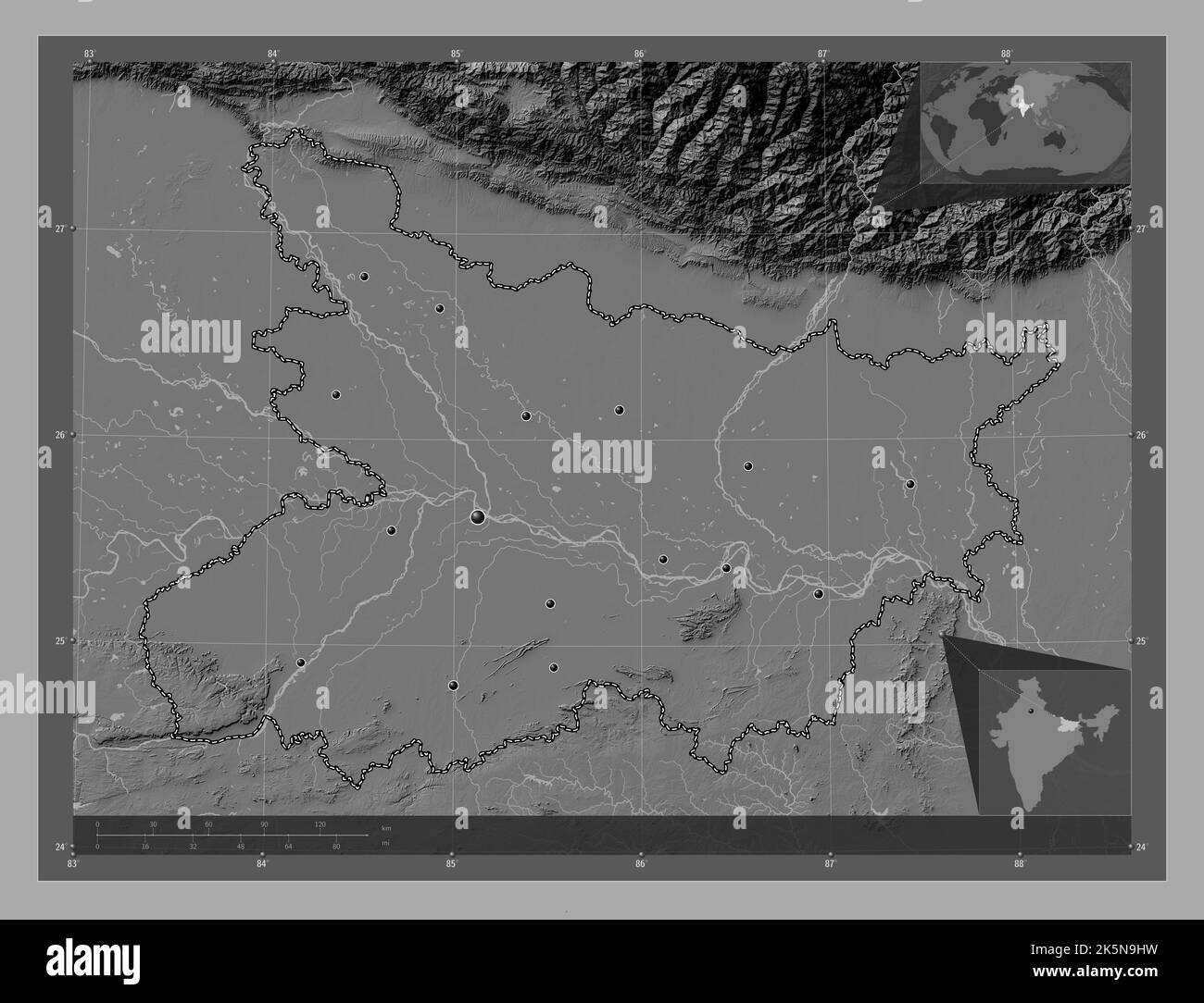 Bihar, state of India. Bilevel elevation map with lakes and rivers ...