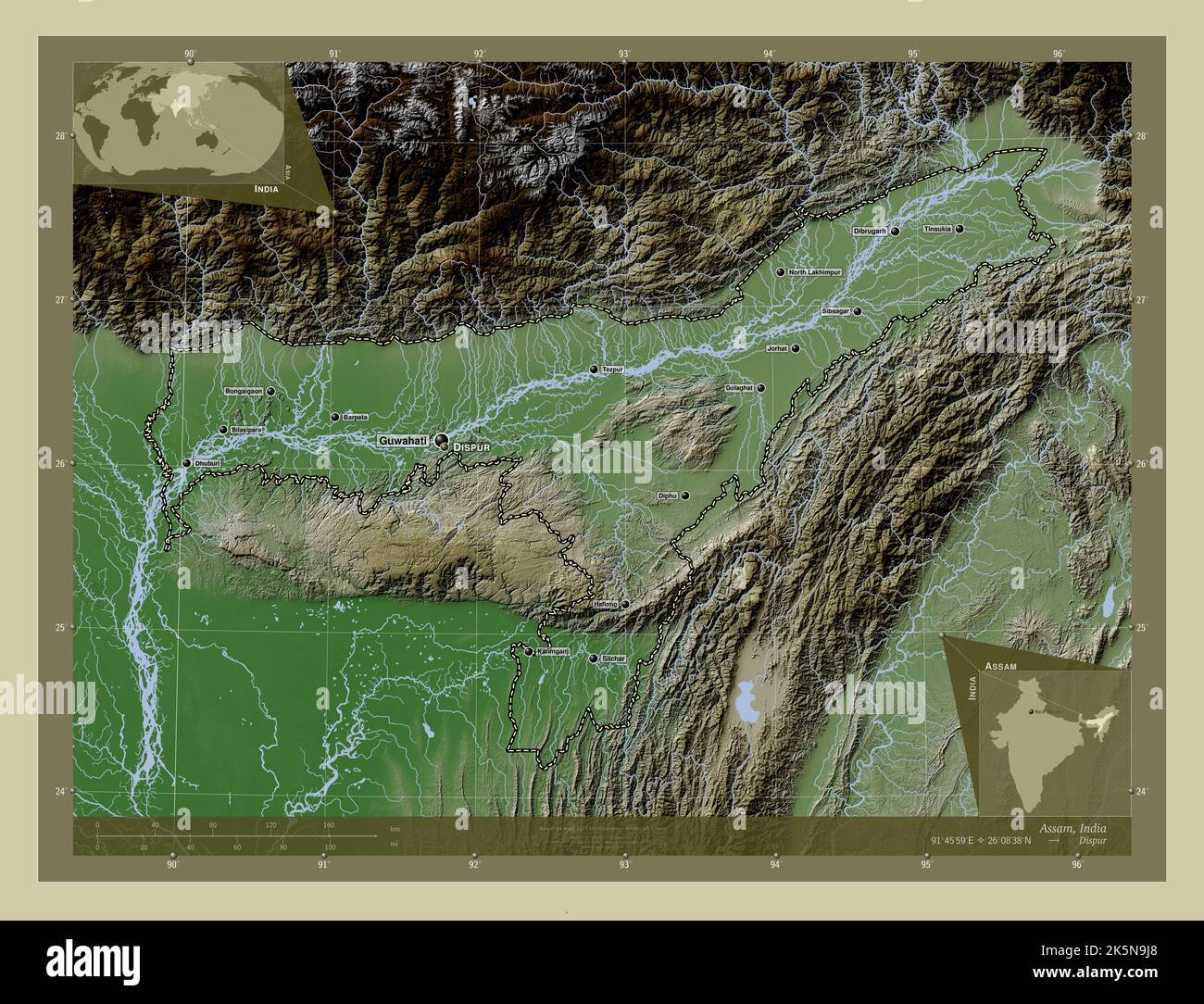 Assam, state of India. Elevation map colored in wiki style with lakes ...