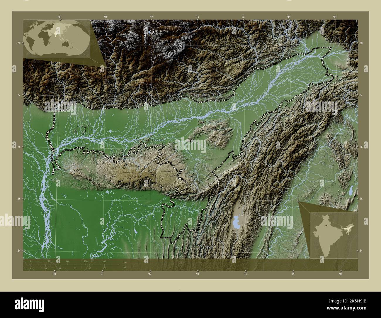 Assam, state of India. Elevation map colored in wiki style with lakes ...