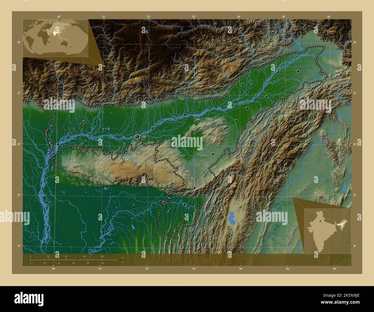 Assam State Of India Colored Elevation Map With Lakes And Rivers Locations Of Major Cities Of