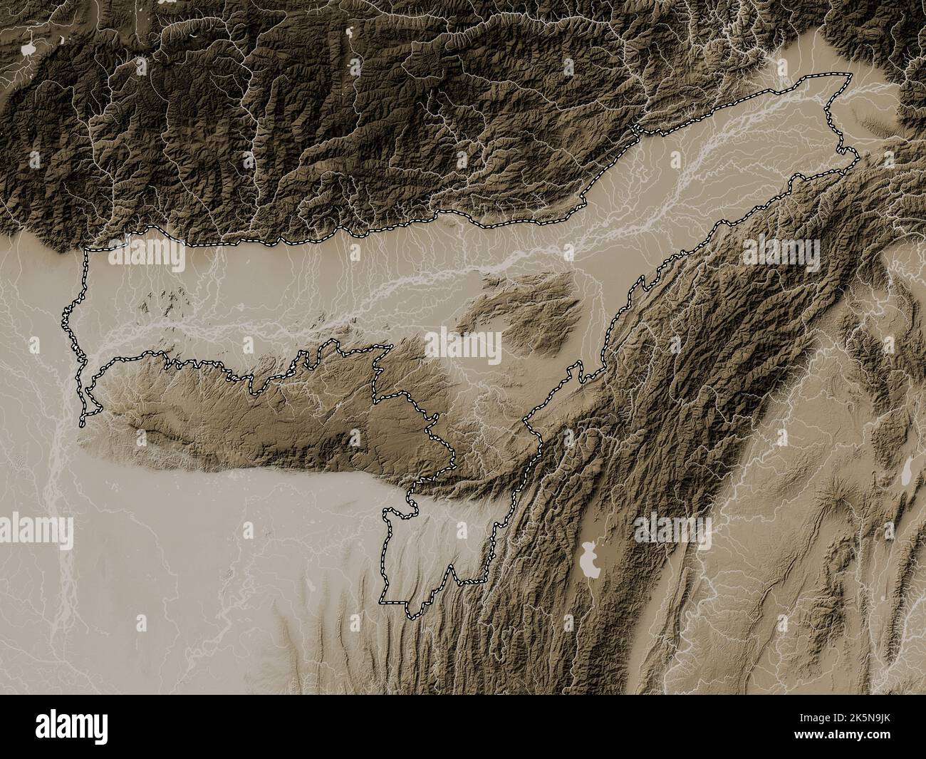 Assam, state of India. Elevation map colored in sepia tones with lakes ...