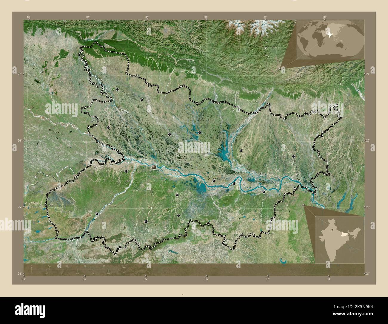 Bihar, state of India. High resolution satellite map. Locations of ...
