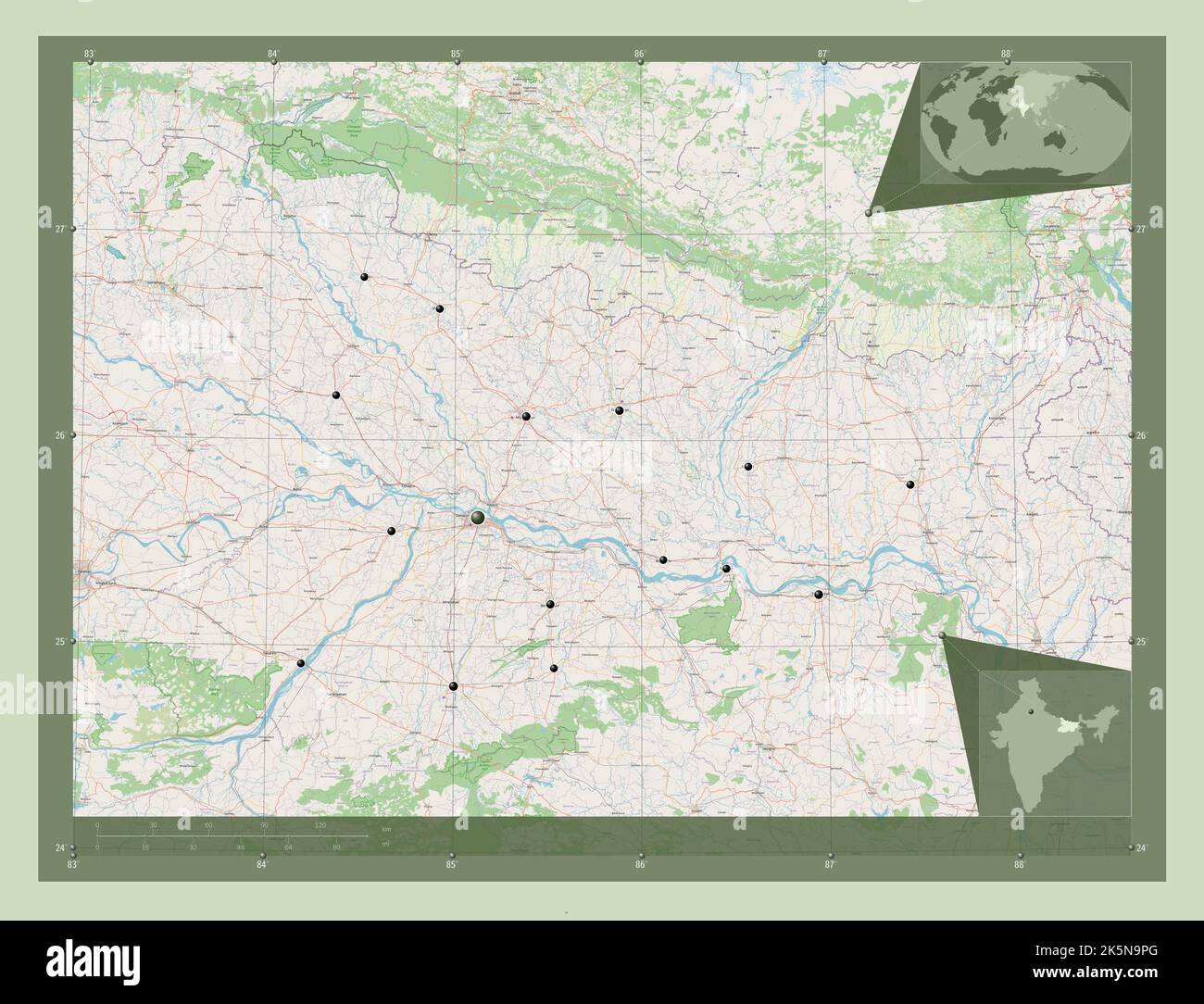 Bihar, state of India. Open Street Map. Locations of major cities of ...