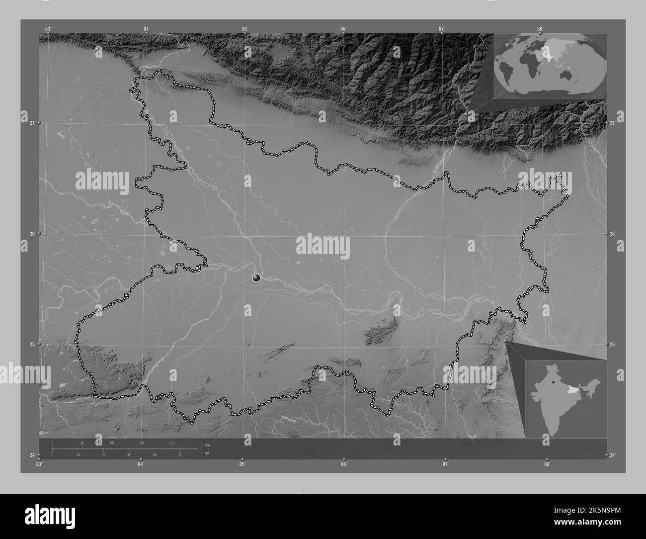Bihar, state of India. Grayscale elevation map with lakes and rivers ...