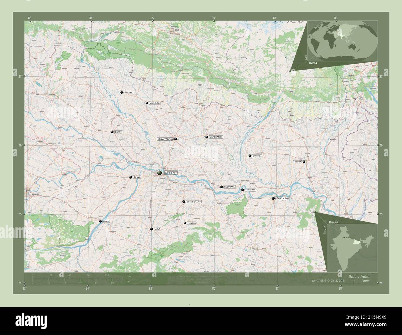Bihar, state of India. Open Street Map. Locations and names of major ...
