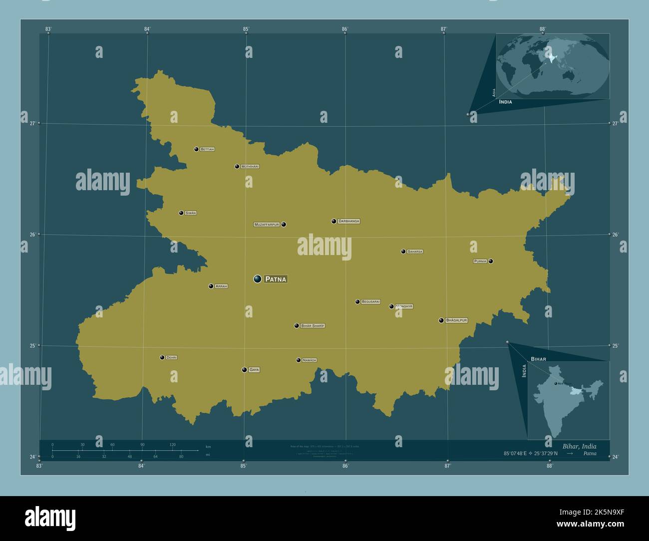 Bihar, state of India. Solid color shape. Locations and names of major ...
