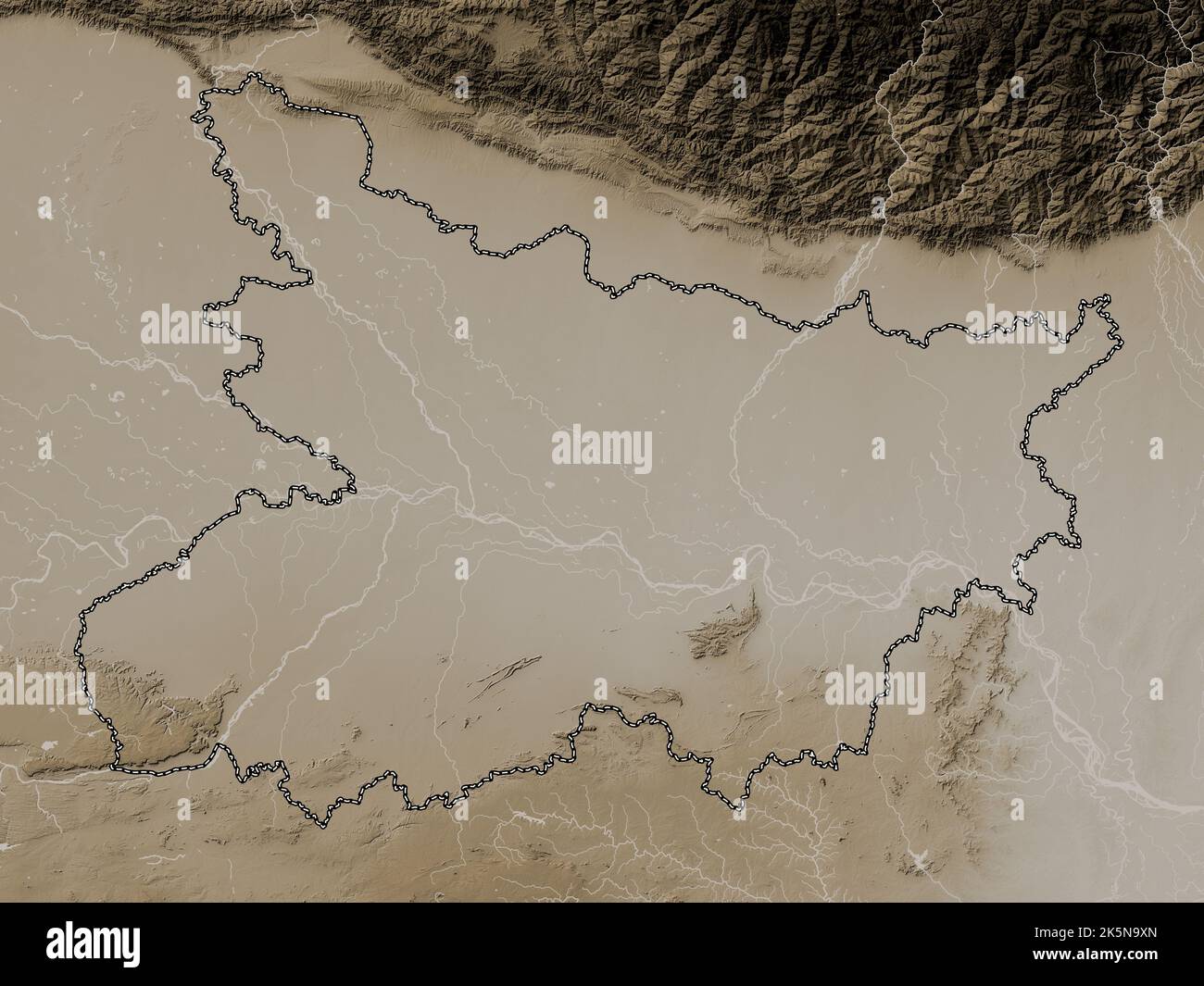 Bihar, state of India. Elevation map colored in sepia tones with lakes ...