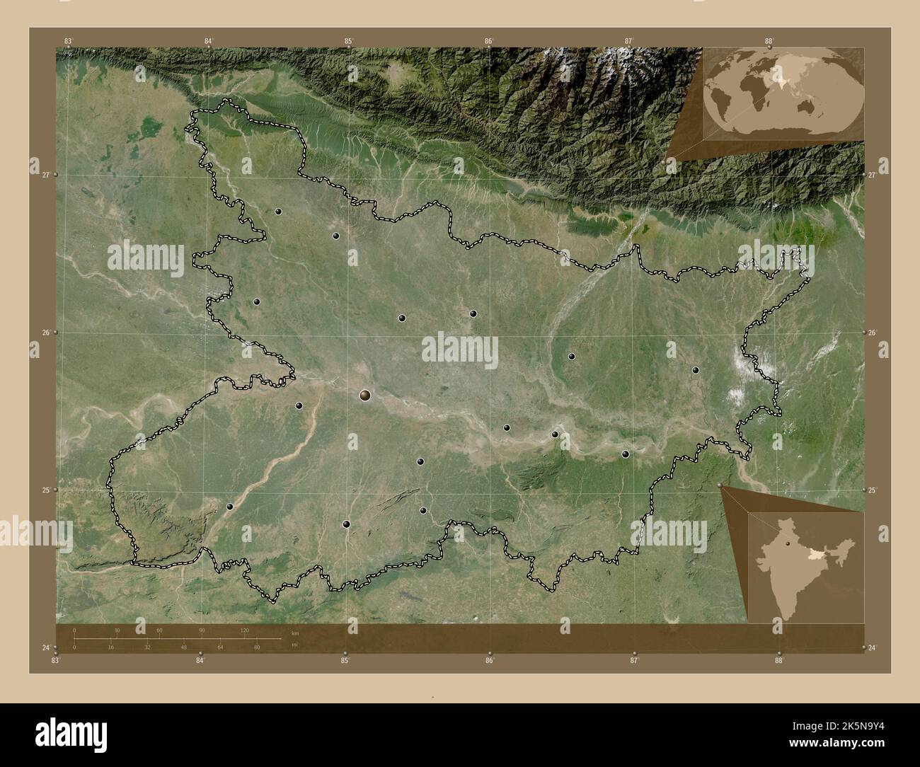 Bihar, state of India. Low resolution satellite map. Locations of major ...