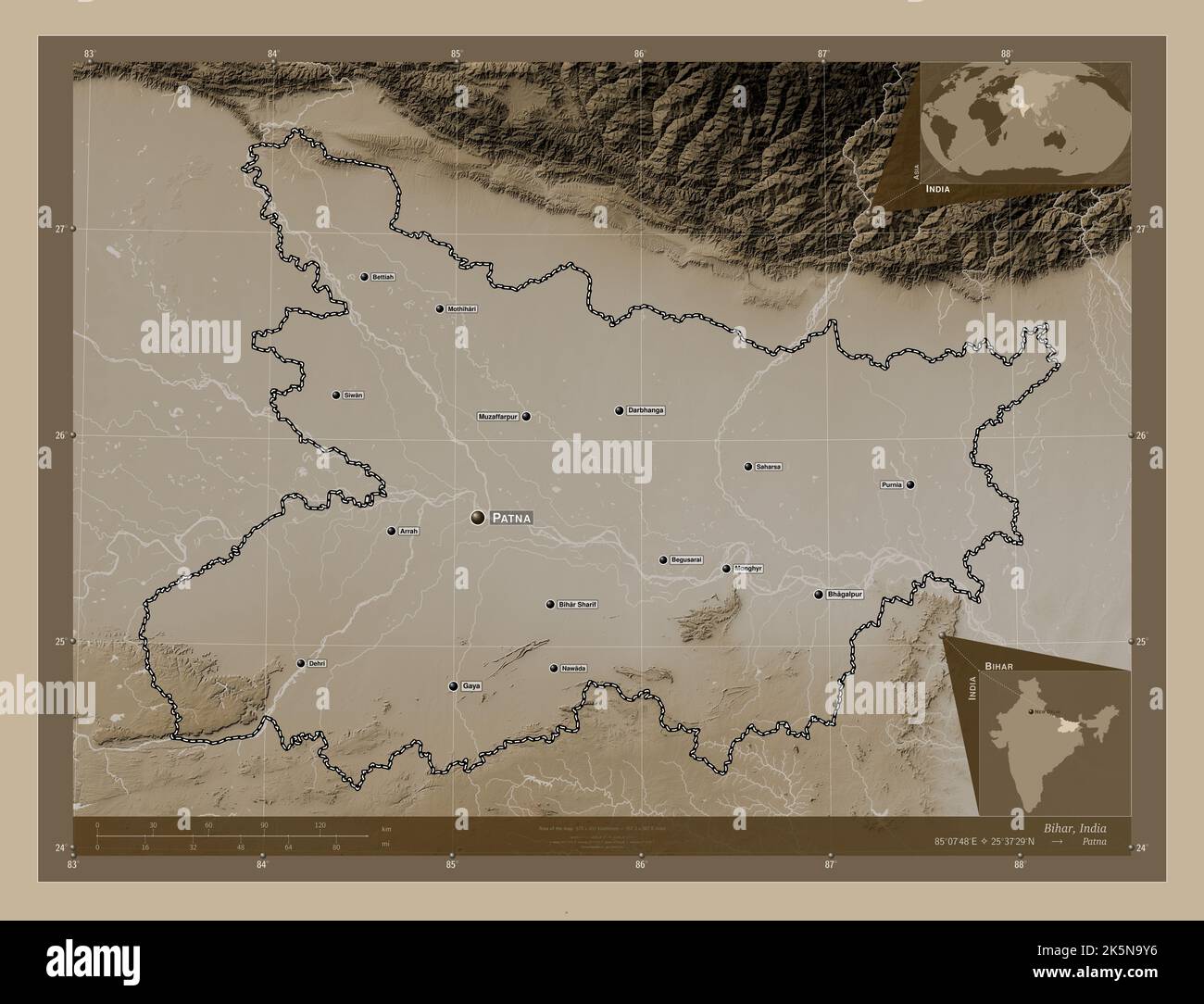 Bihar, state of India. Elevation map colored in sepia tones with lakes ...