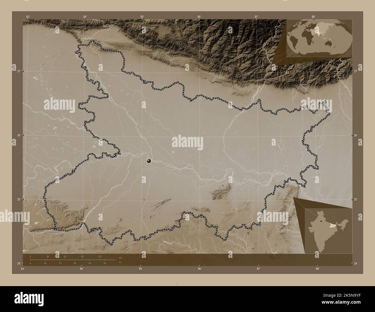Bihar, state of India. Elevation map colored in sepia tones with lakes ...