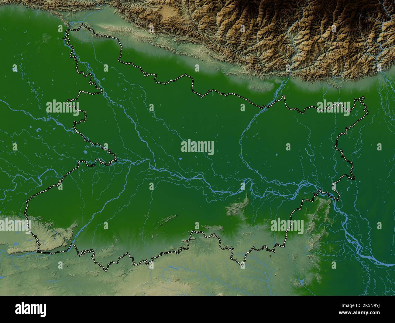 Bihar, state of India. Colored elevation map with lakes and rivers ...
