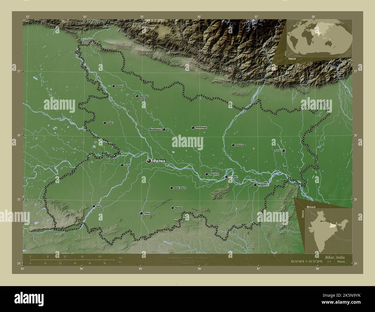 Bihar, state of India. Elevation map colored in wiki style with lakes ...