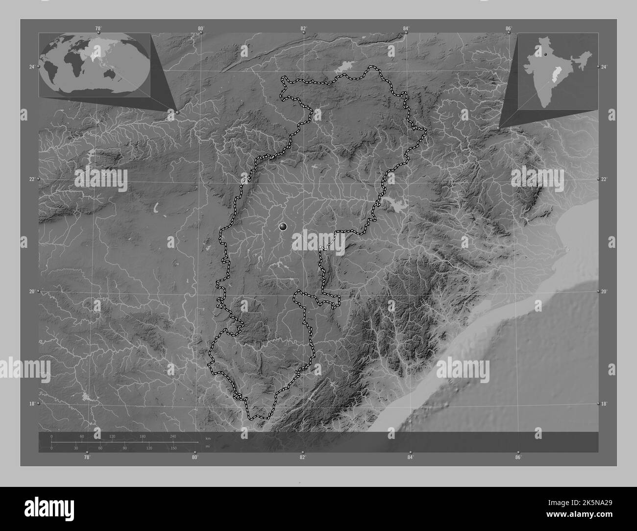 Chhattisgarh, state of India. Grayscale elevation map with lakes and ...