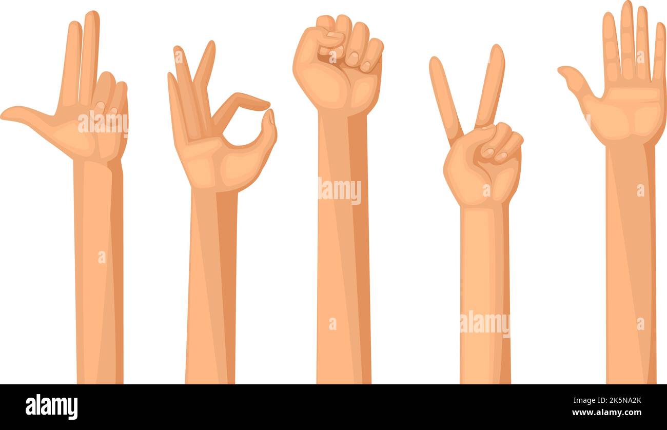 Hands gestures. Humans crowd pulls their hands up pointing. Vector ...