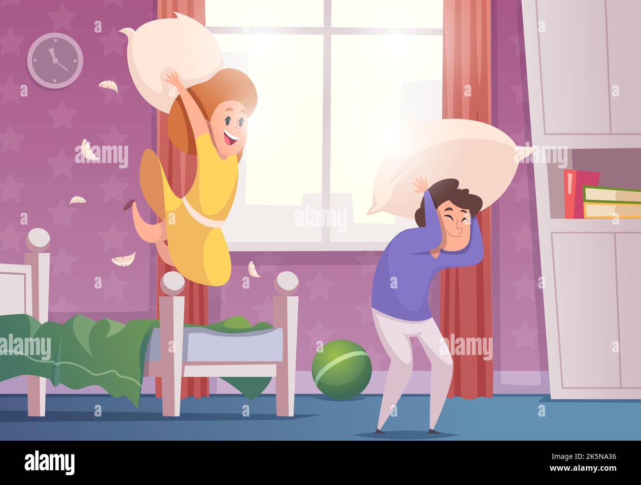 Pajama party. Kids jumping and playing with pillows exact vector ...