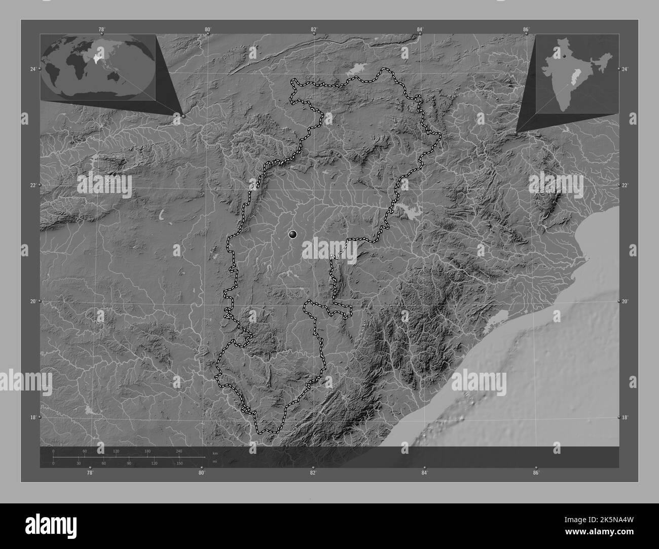Chhattisgarh, state of India. Bilevel elevation map with lakes and ...