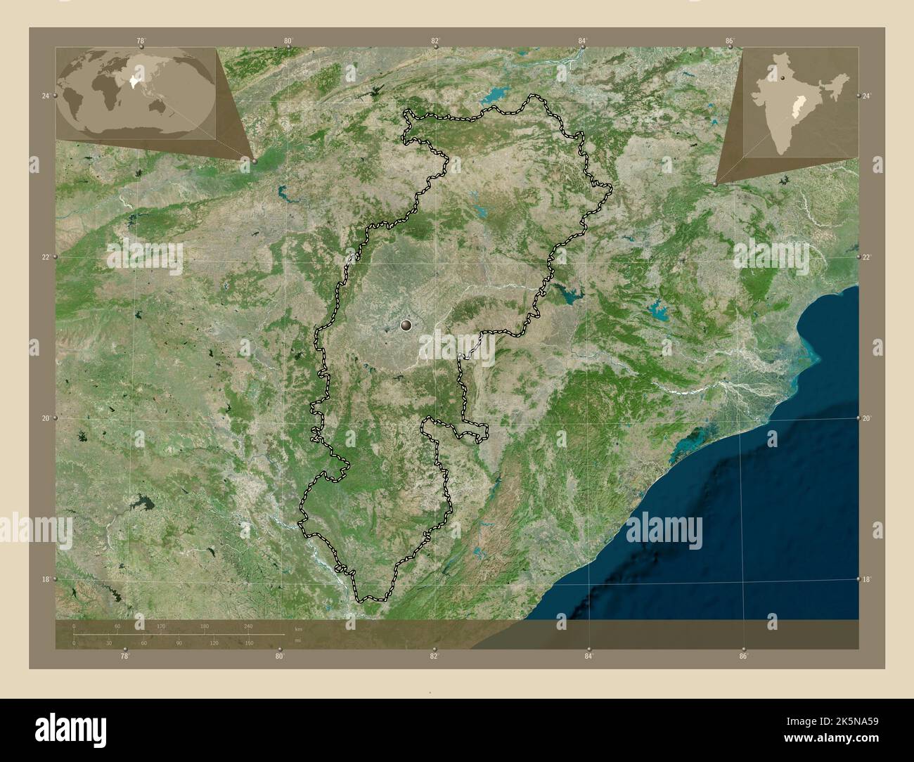 Chhattisgarh, state of India. High resolution satellite map. Corner ...