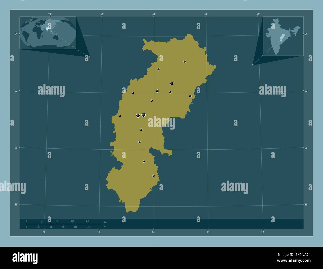Chhattisgarh, state of India. Solid color shape. Locations of major ...