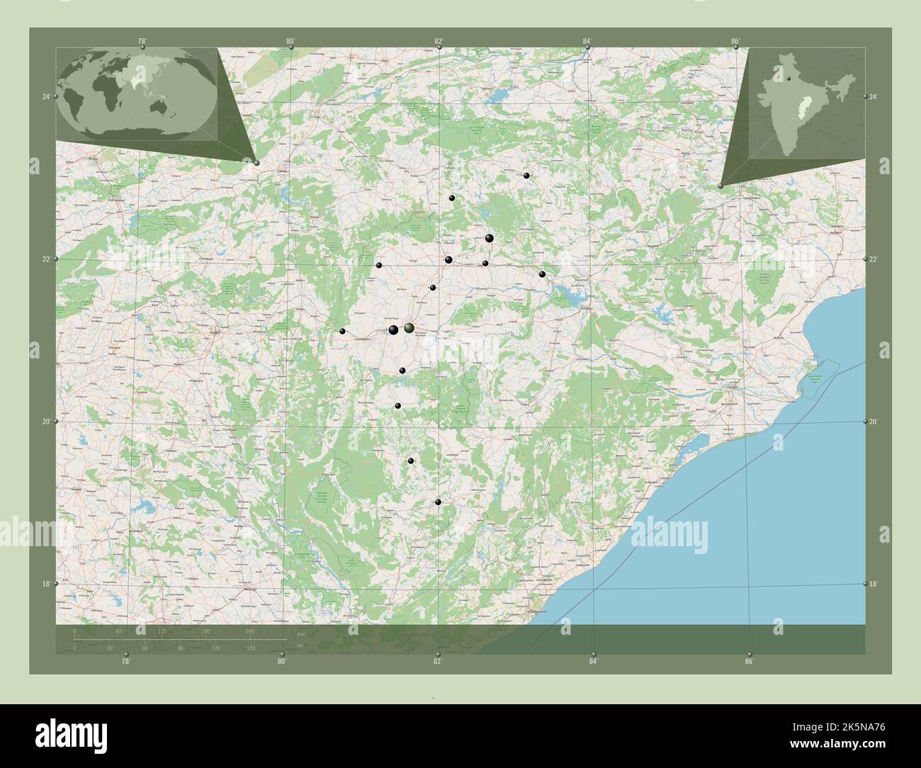 Chhattisgarh, state of India. Open Street Map. Locations of major ...