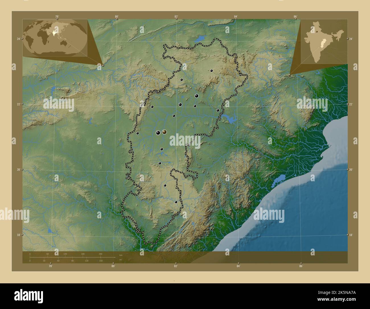 Chhattisgarh, state of India. Colored elevation map with lakes and ...