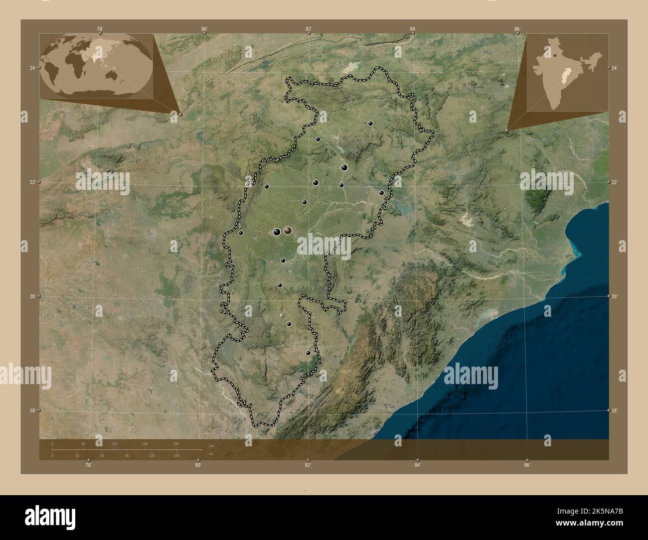 Chhattisgarh, state of India. Low resolution satellite map. Locations ...