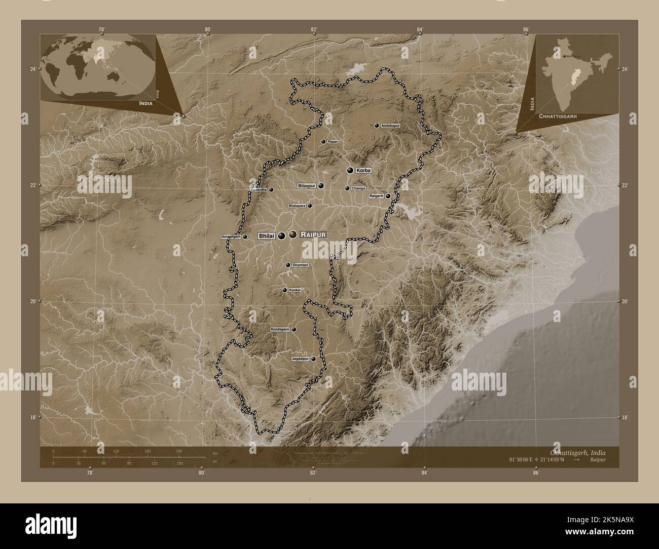 Chhattisgarh, state of India. Elevation map colored in sepia tones with ...