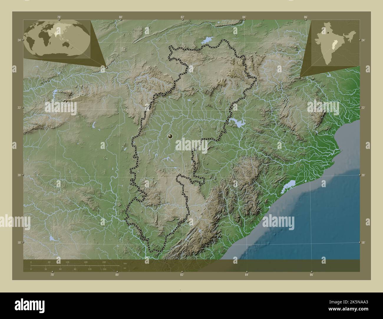 Chhattisgarh, state of India. Elevation map colored in wiki style with ...