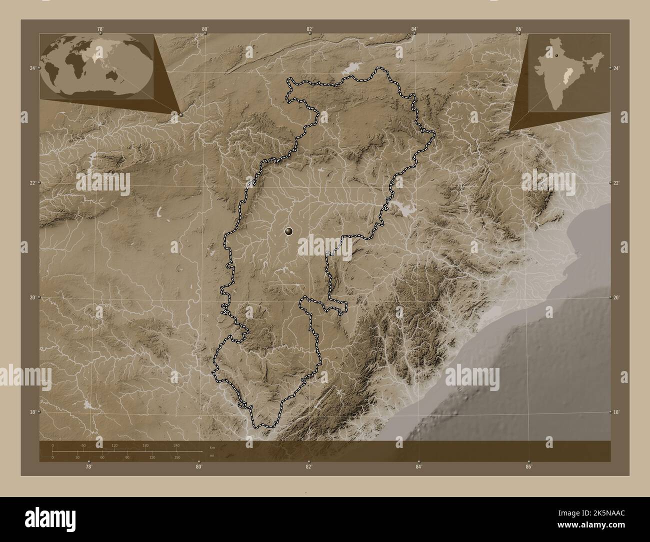 Chhattisgarh, state of India. Elevation map colored in sepia tones with ...