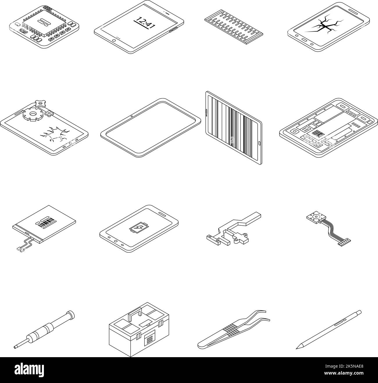 Tablet repair icons set. Isometric set of tablet repair vector icons ...