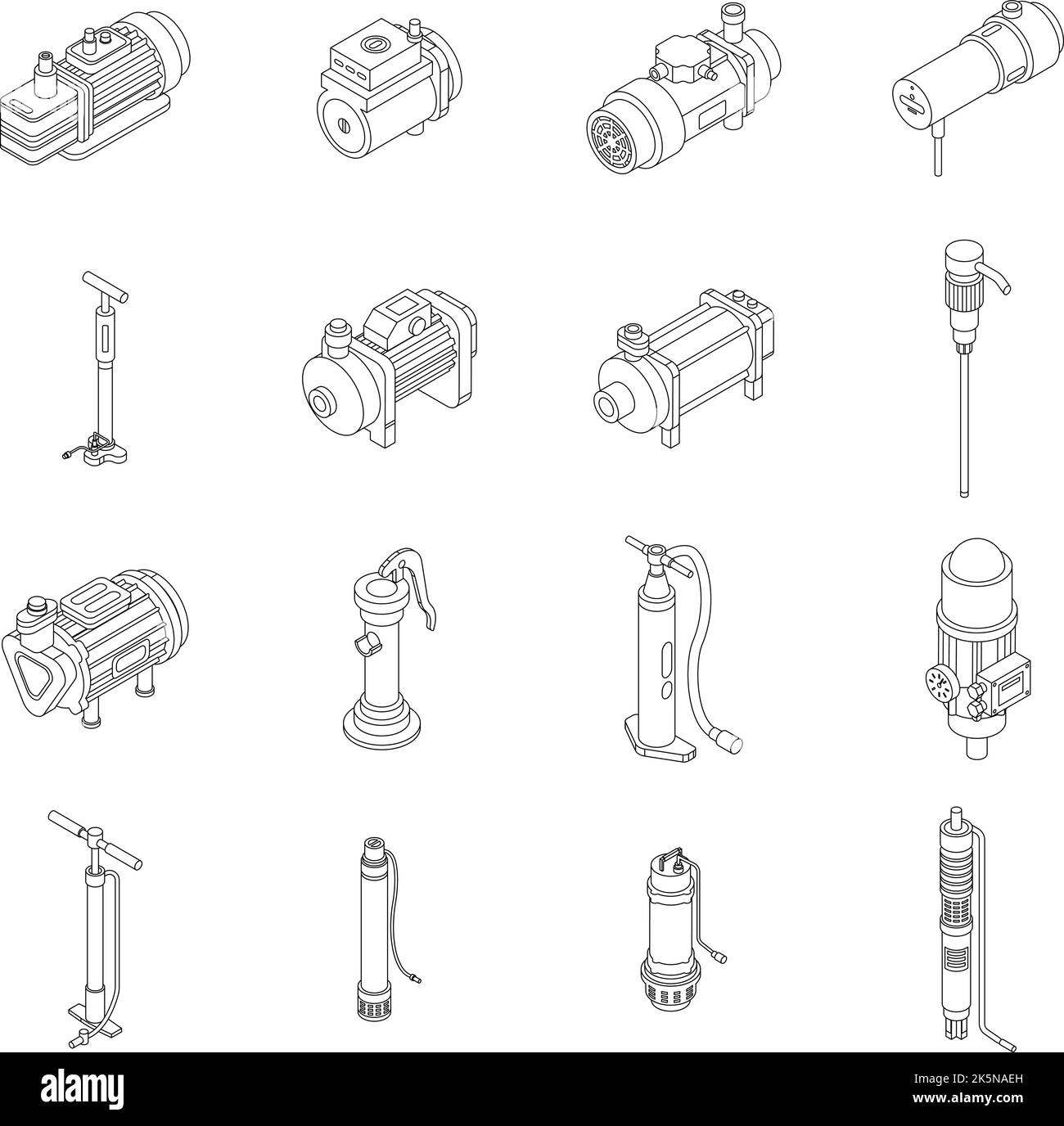 Pump icons set. Isometric set of pump vector icons outline thin lne ...