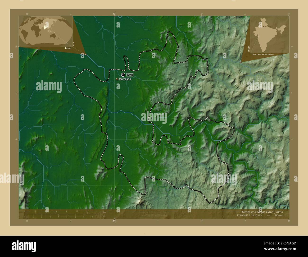 Dadra and Nagar Haveli, union territory of India. Colored elevation map ...