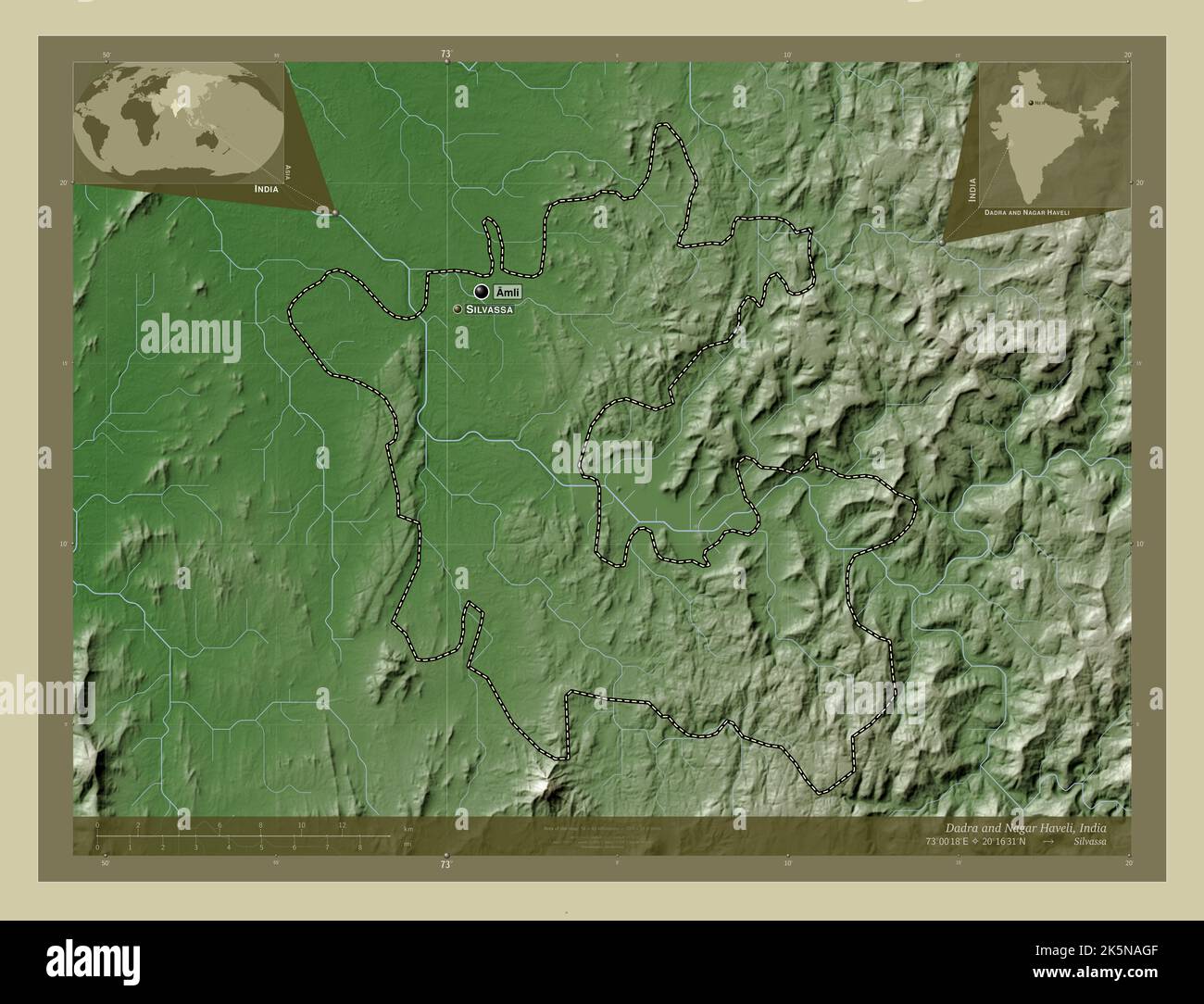 Dadra and Nagar Haveli, union territory of India. Elevation map colored ...