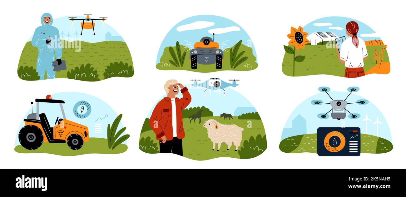 Cartoon smart farm people. Agricultural work digital control. Automated ...