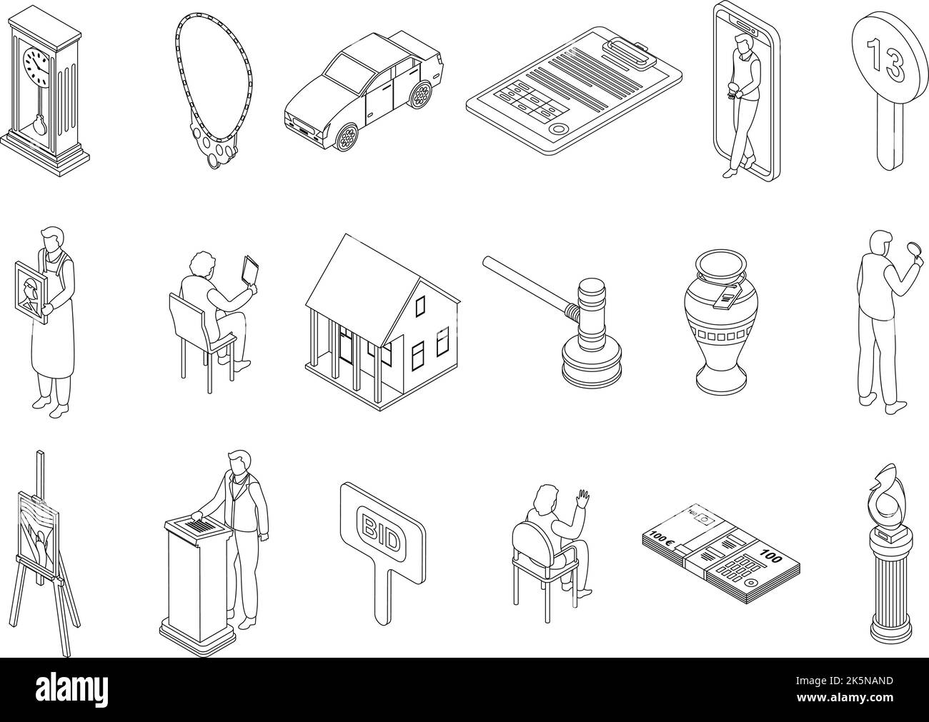 Auction icons set. Isometric set of auction vector icons outline thin ...
